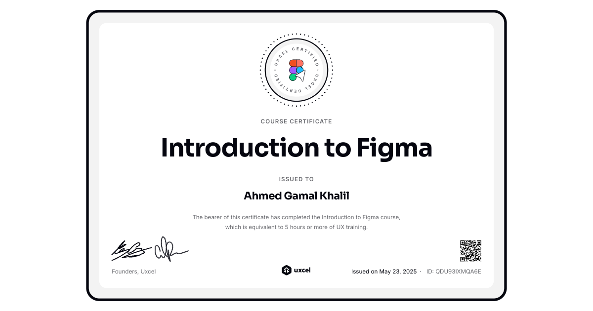 Certificate of completion for Introduction to Figma | Uxcel